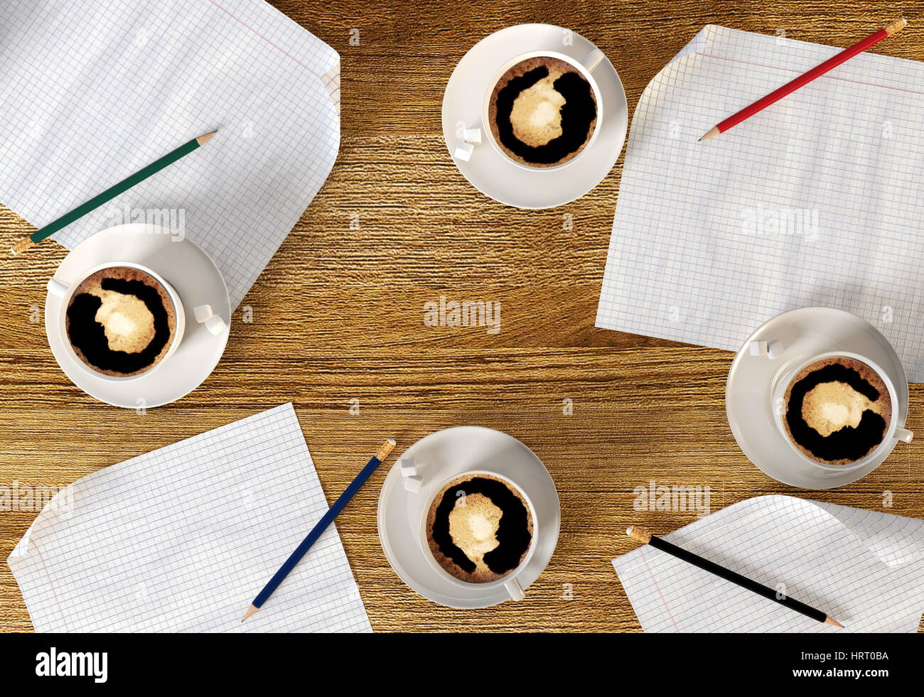 Black coffee with blank documents on table during business time ...