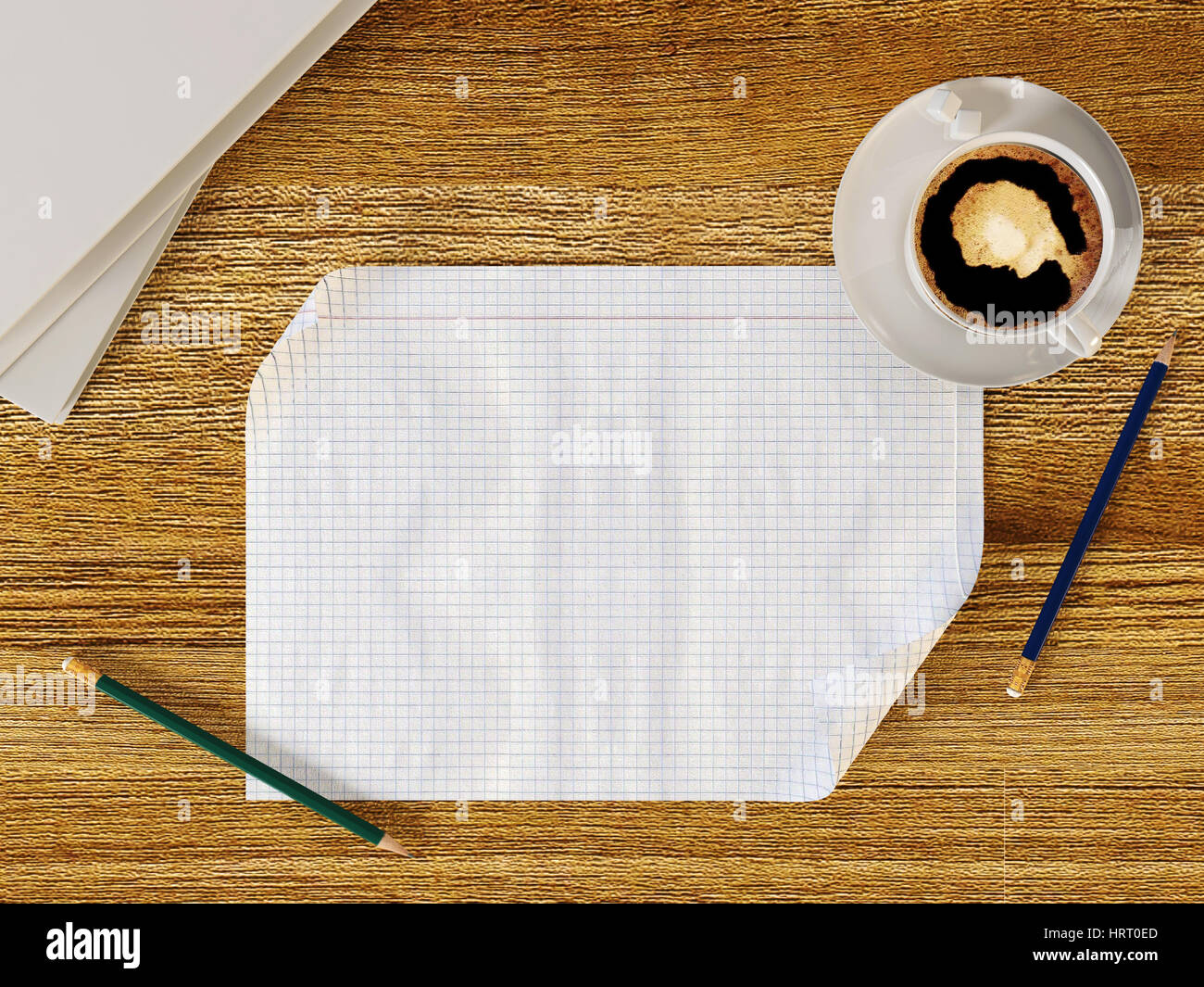 Blank paper on wood table with pencils and coffee cup Stock Photo - Alamy