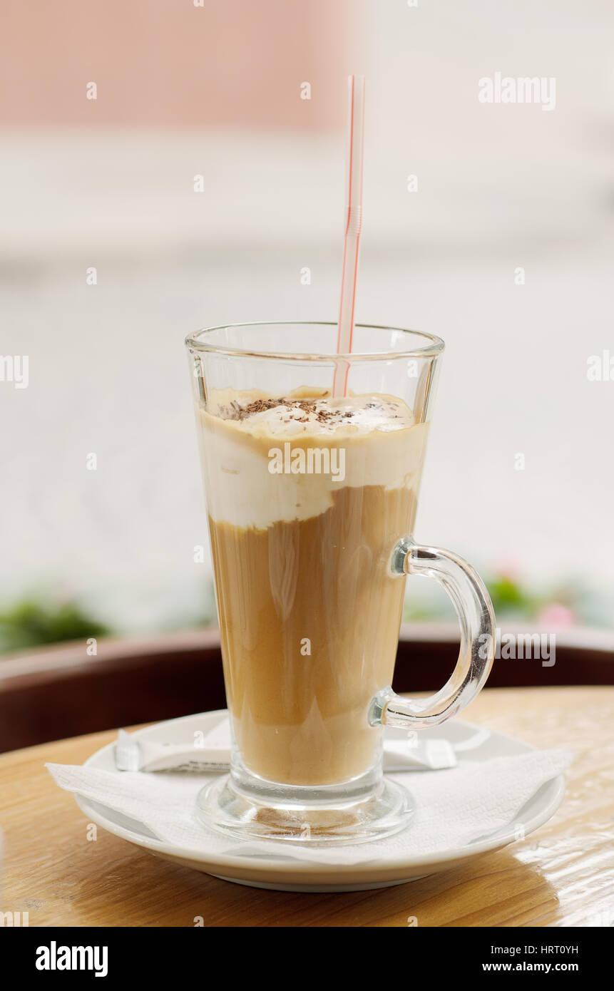 Coffee with cream in a cafe, vintage food background for menu in a cafe ...