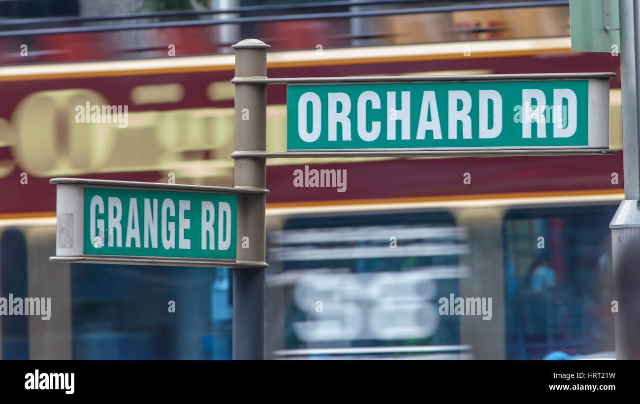 Main road, shopping street Orchard Road, Grange Road, road signs ...
