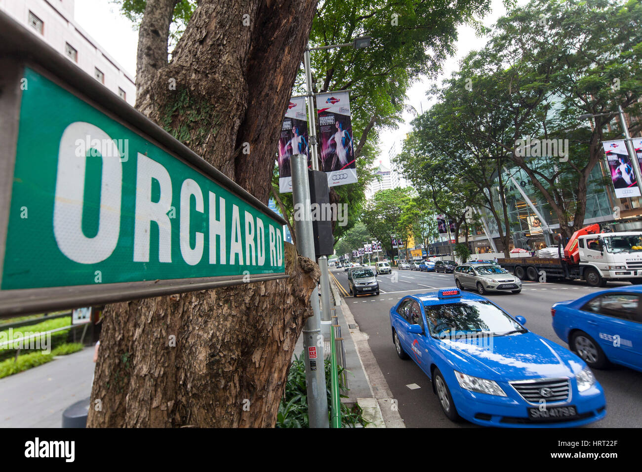 Main road, shopping street Orchard Road, Grange Road, road signs ...