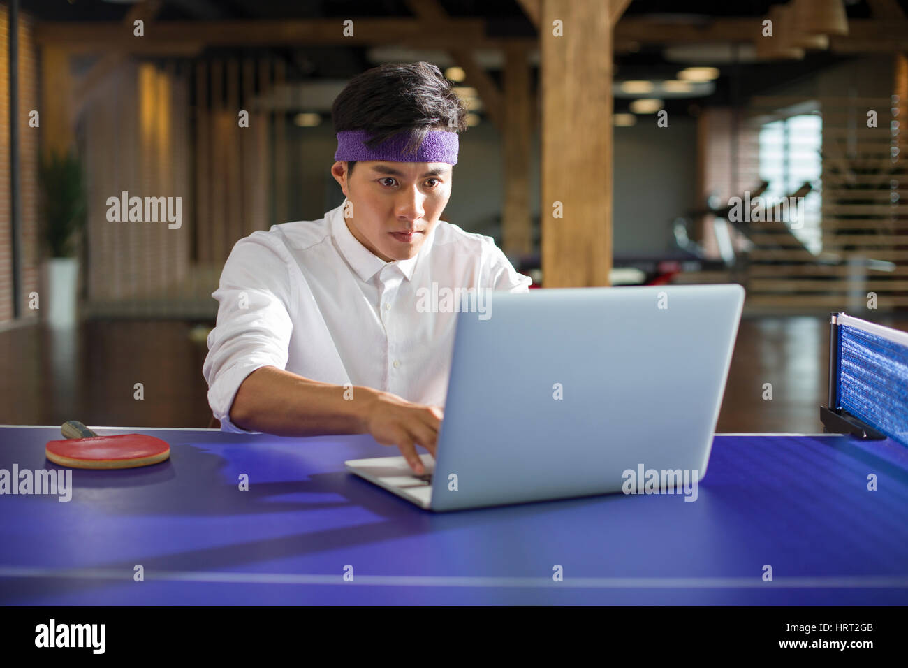 Young businessman using laptop on table tennis table Stock Photo - Alamy
