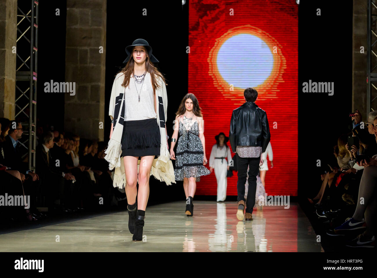 BARCELONA - FEB 2: Jeanne Cadieu (model) walks the runway for the Mango ...
