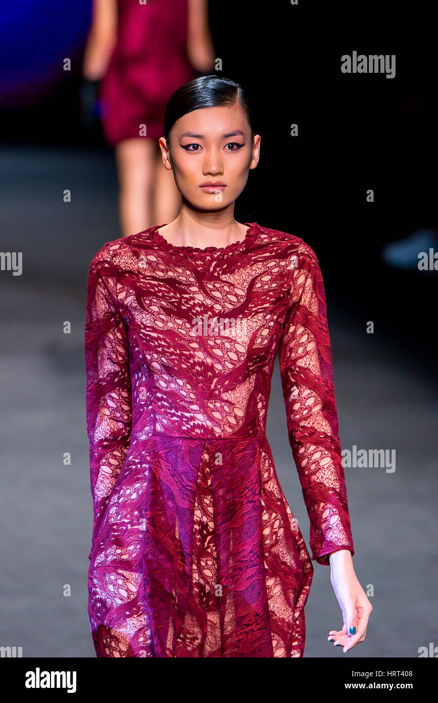 BARCELONA - FEB 5: Xiaomeng Huang (model) walks the runway for the Justicia Ruano collection at ...