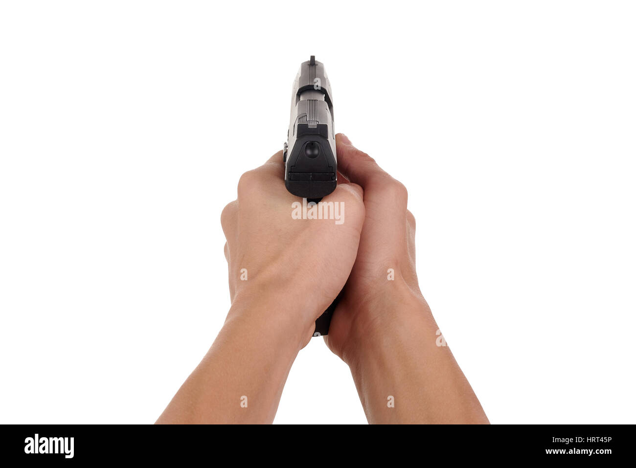 Pistol in hand isolated on white background Stock Photo - Alamy
