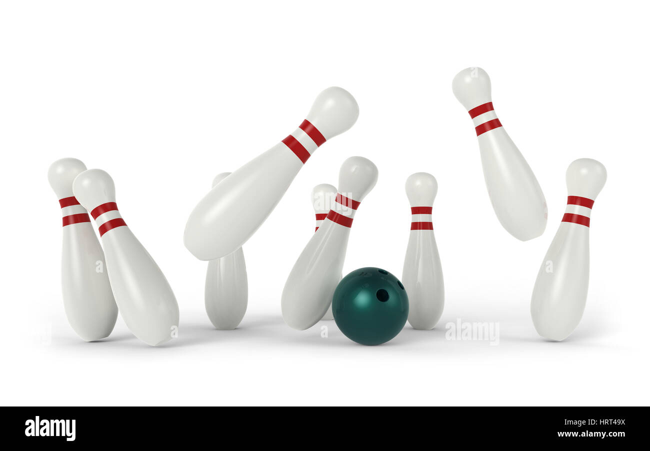 Bowling ball crashing into the pins on white background 3D rendering ...