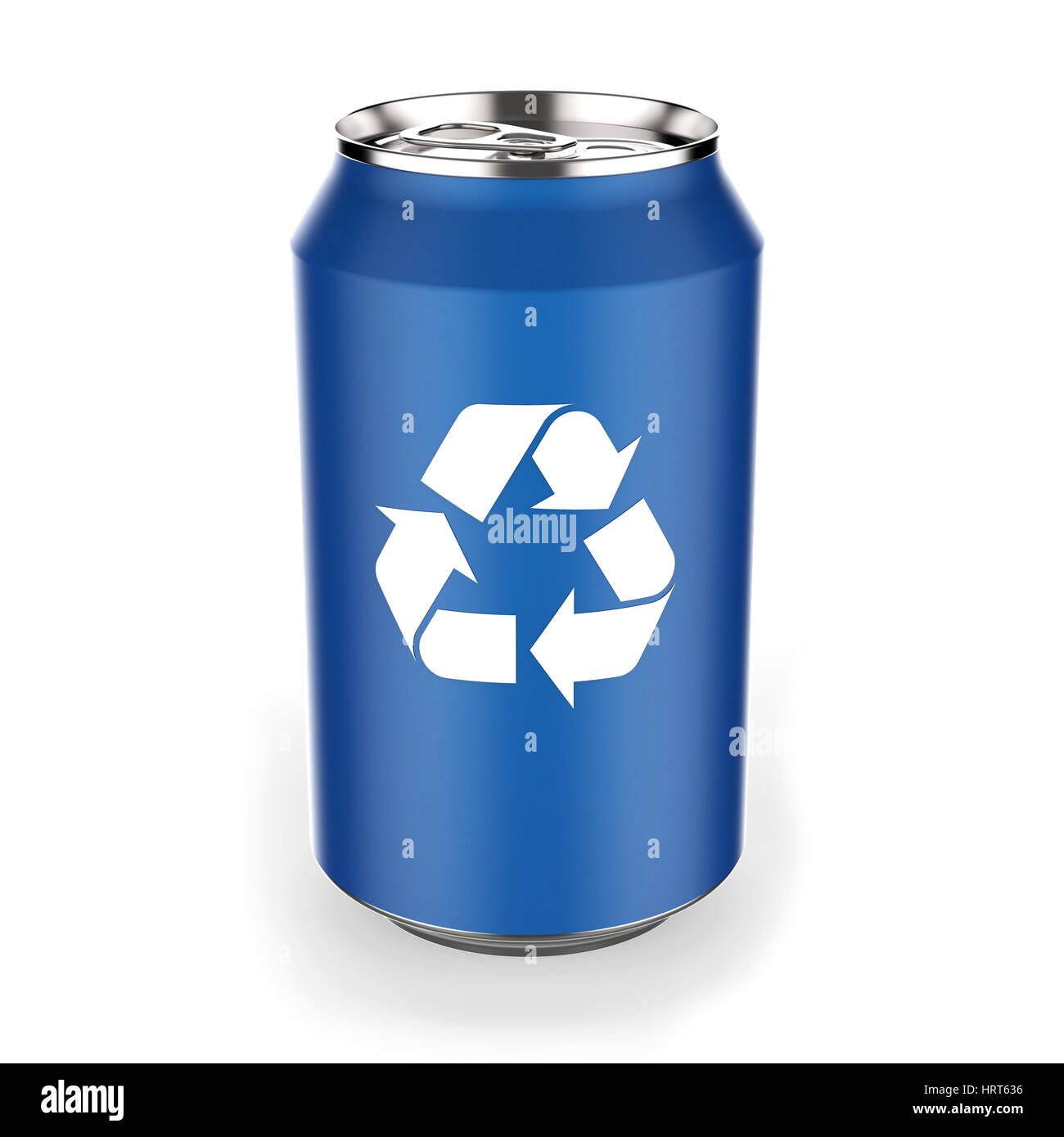 Blue beverage can with recycling symbol on white background 3D ...