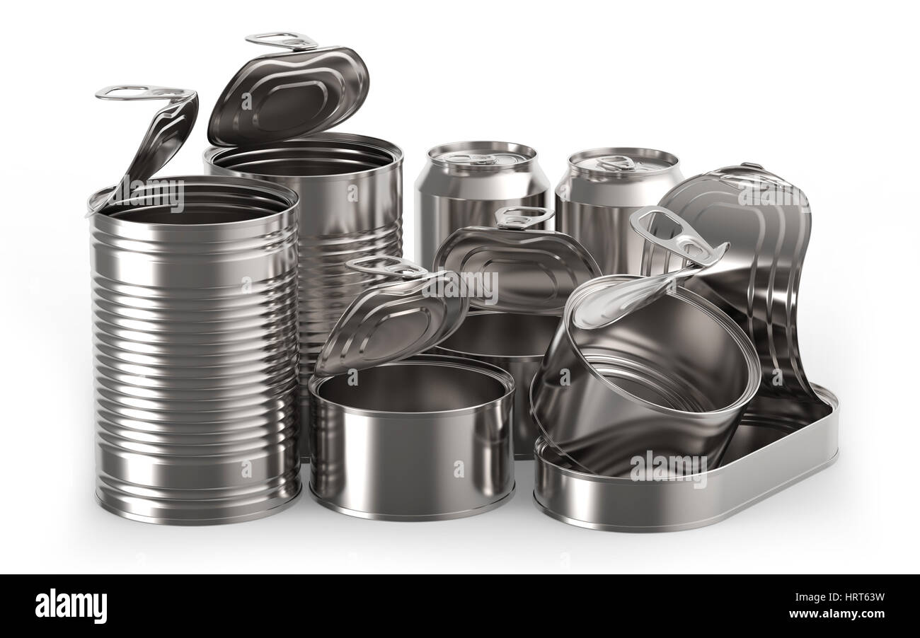 Metal tin cans on white background 3D rendering Stock Photo - Alamy