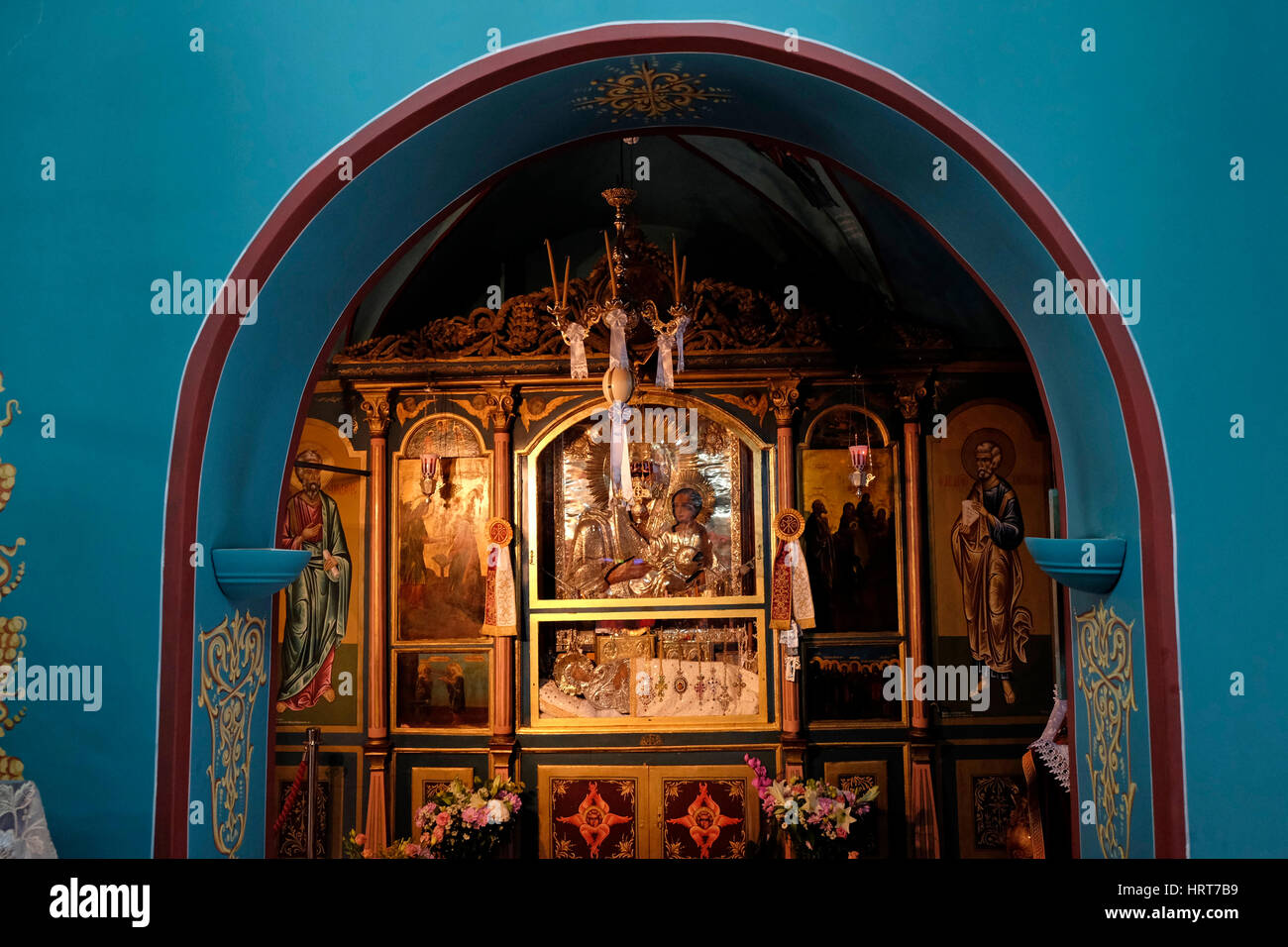 View of the altar inside the church of the Greek Orthodox monastery ...