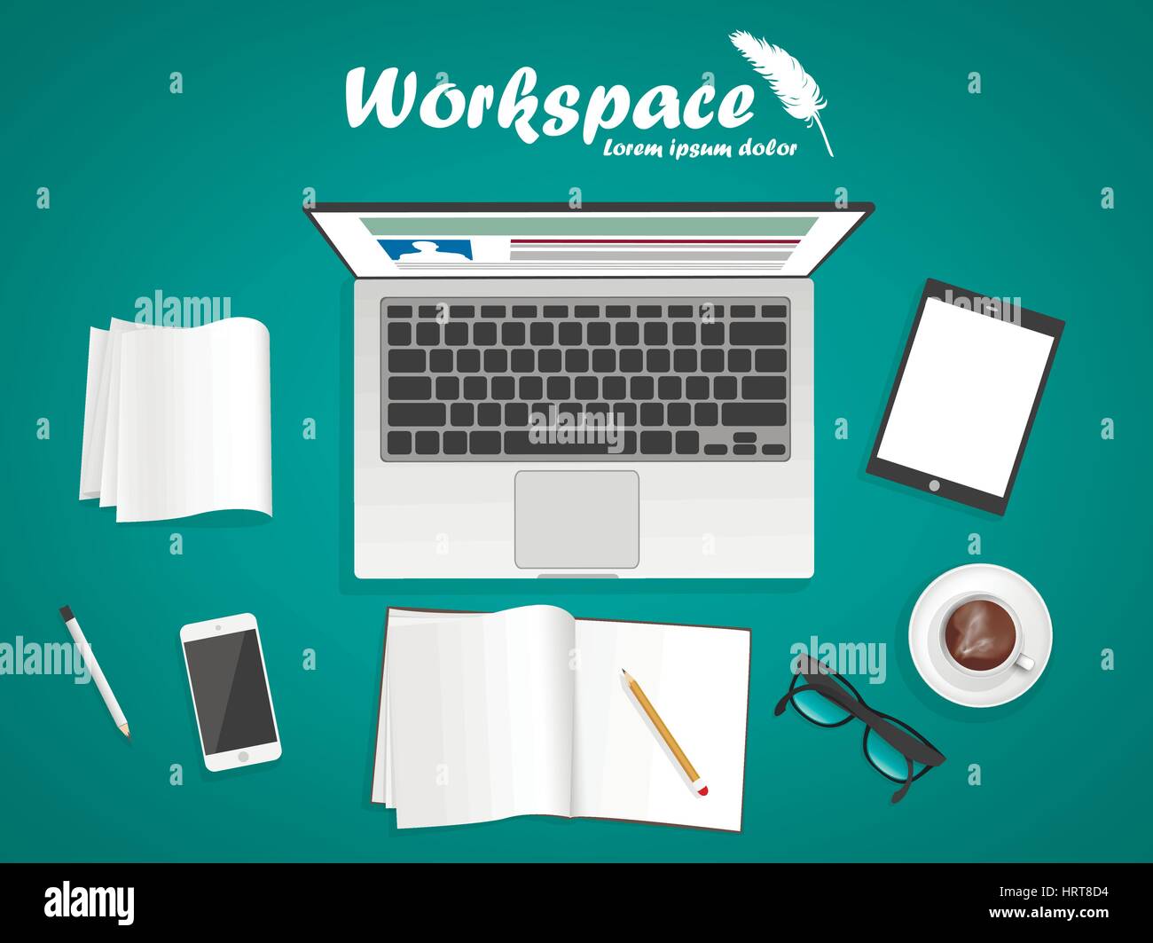 workspace with laptop, phone, notebook Stock Vector Image & Art - Alamy