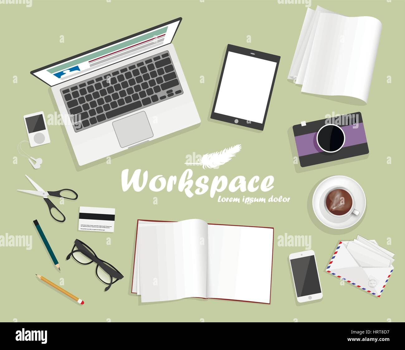 workspace with laptop, phone, notebook Stock Vector Image & Art - Alamy