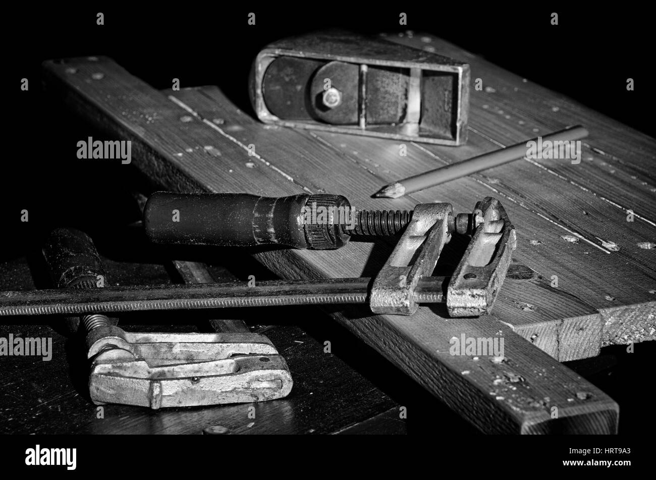 Joiner's tools, planer, clamps, pencil Stock Photo - Alamy