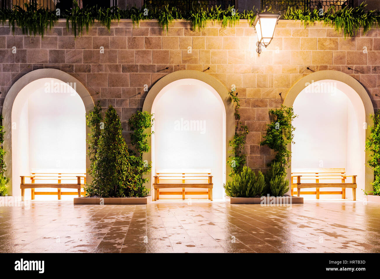 Benches and architecture on Tivat seafront promenade at night Stock ...