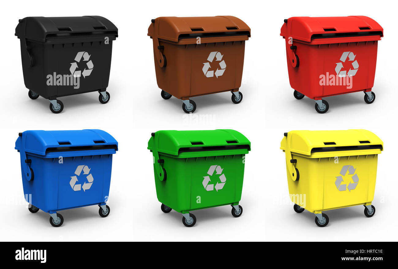 Different colors garbage container isolated on white background 3D ...