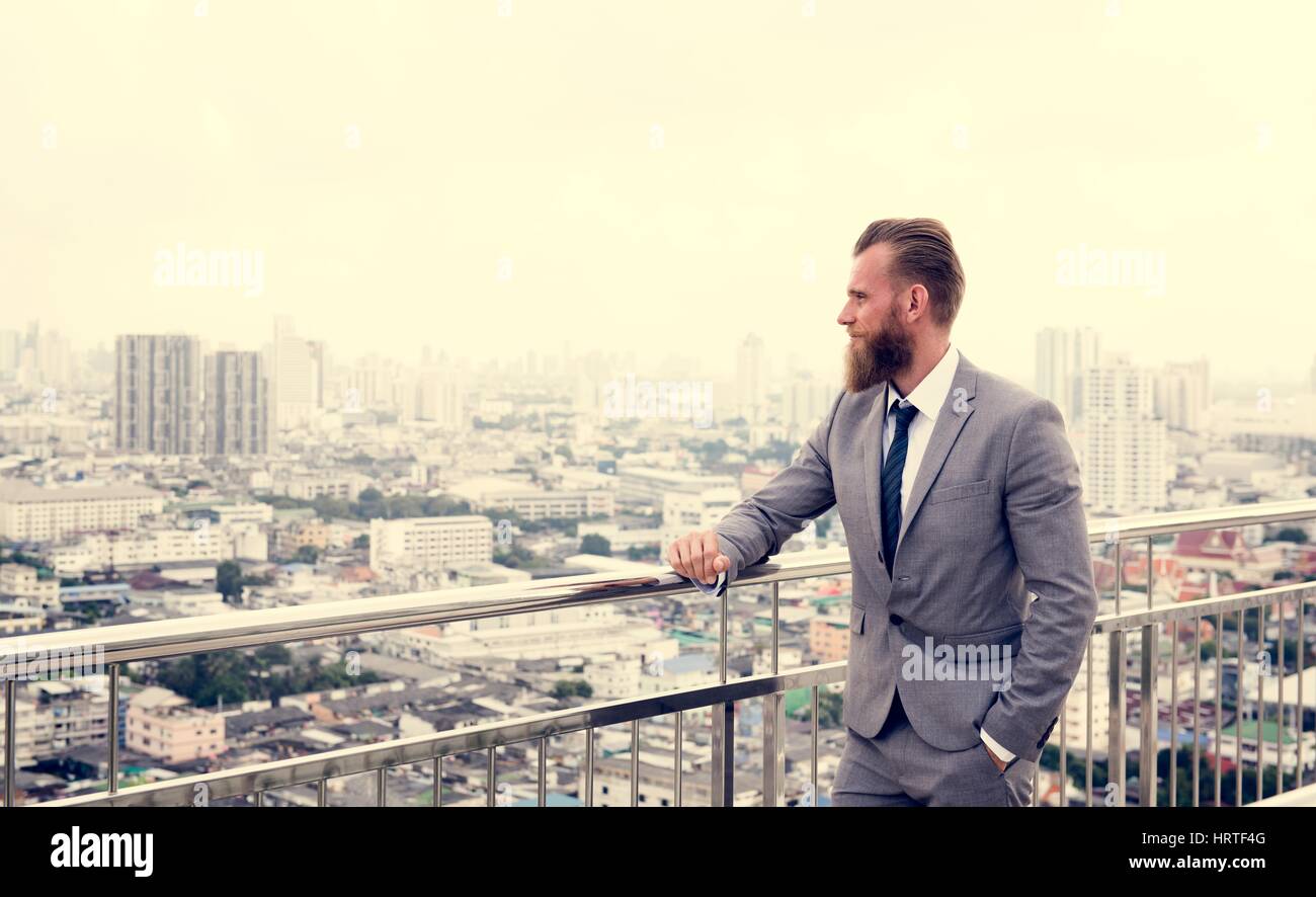 Caucasian Business Man Standing Railings City View Stock Photo - Alamy