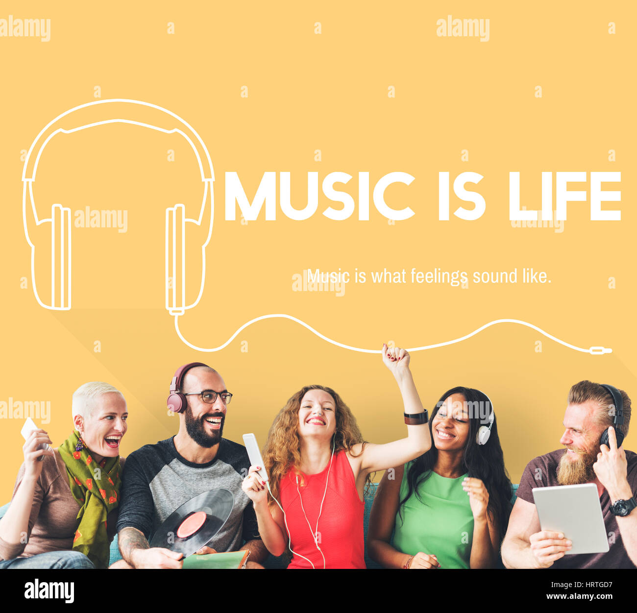 Listening to music headphones graphic Stock Photo - Alamy