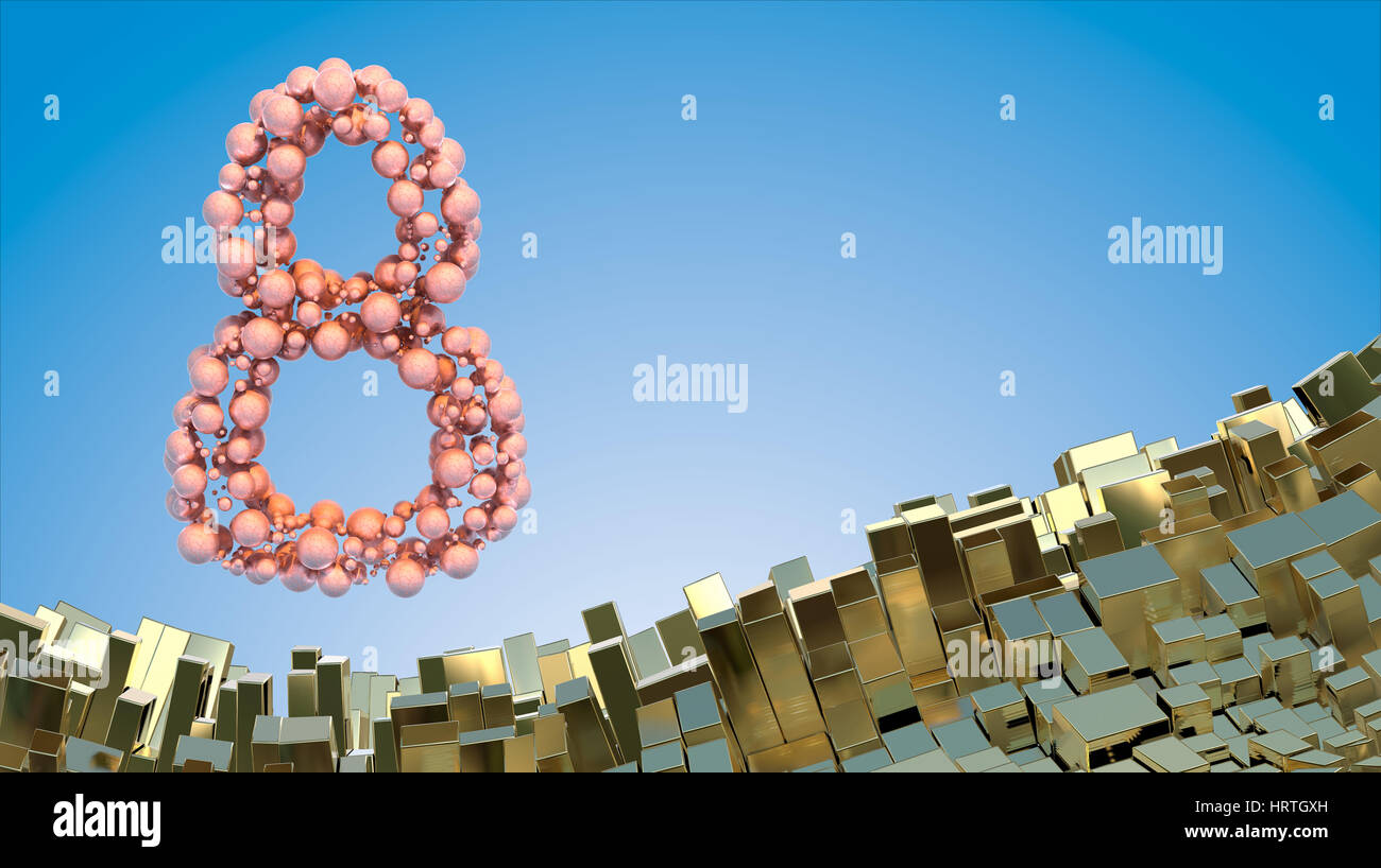 8 March word made of spheres flying in the space over abstract mountain ...