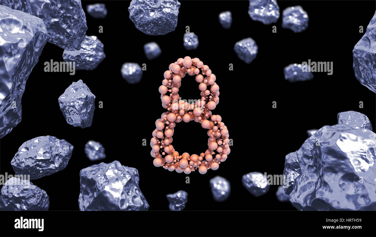 8 March symbol. Figure of eight made of spheres flying in the space ...