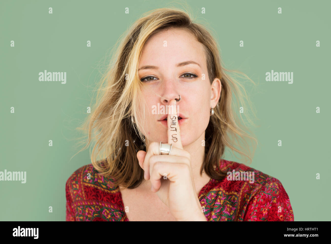 Caucasian Lady Hand Gesture Shut Up Stock Photo - Alamy
