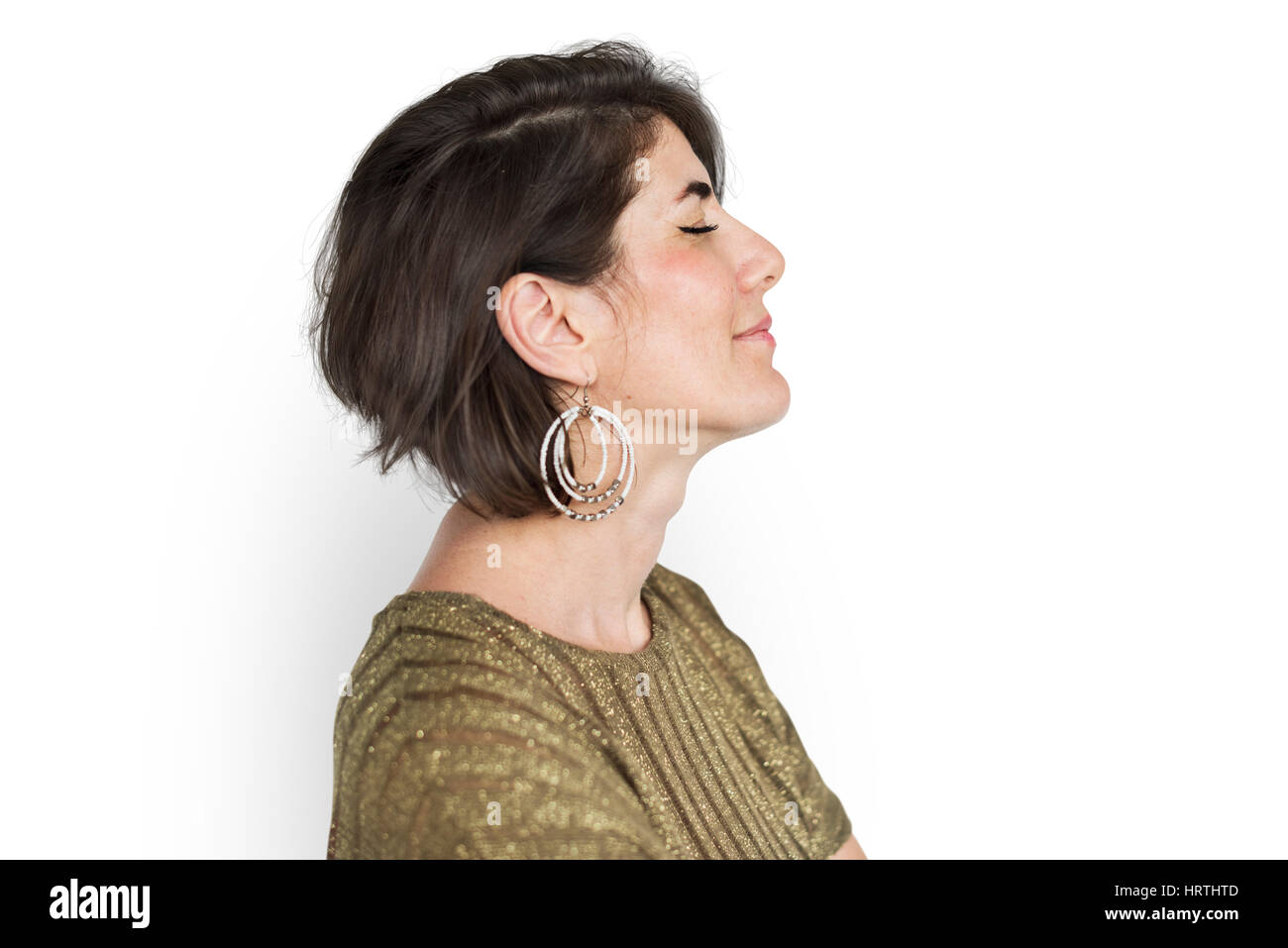 Caucasian Lady Smiling Happy Side View Stock Photo - Alamy