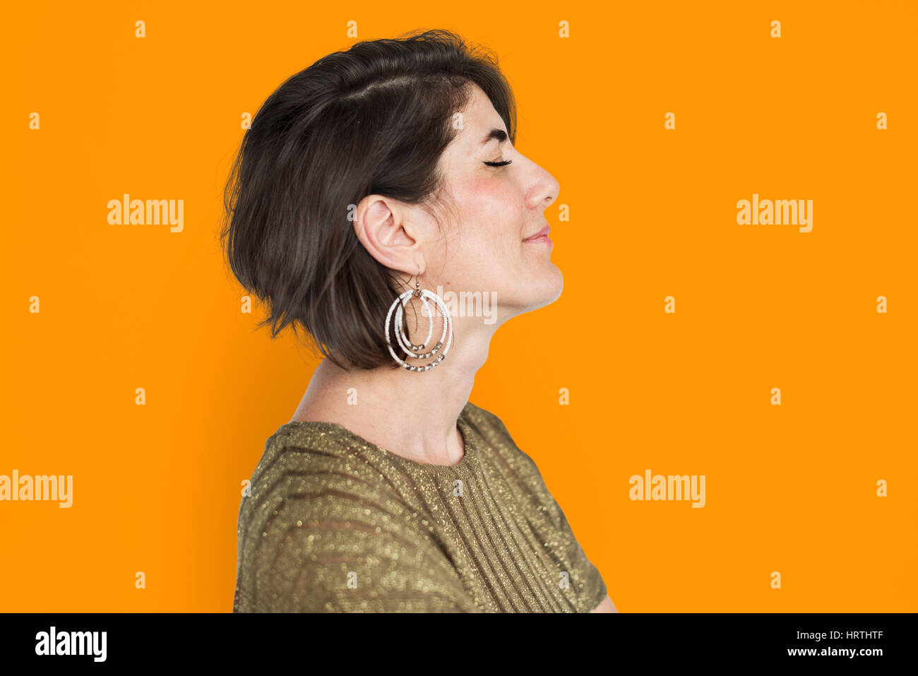 Caucasian Lady Smiling Happy Side View Stock Photo - Alamy