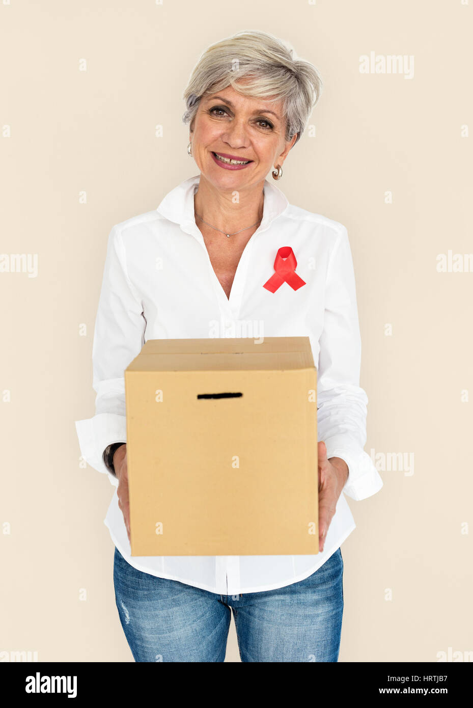 Woman Smiling Happiness Red Ribbon Charity Donation Stock Photo - Alamy