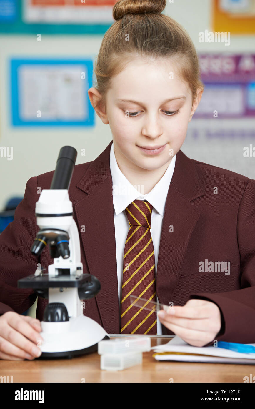 Female Pupil Using Microscope In Science Lesson Stock Photo - Alamy