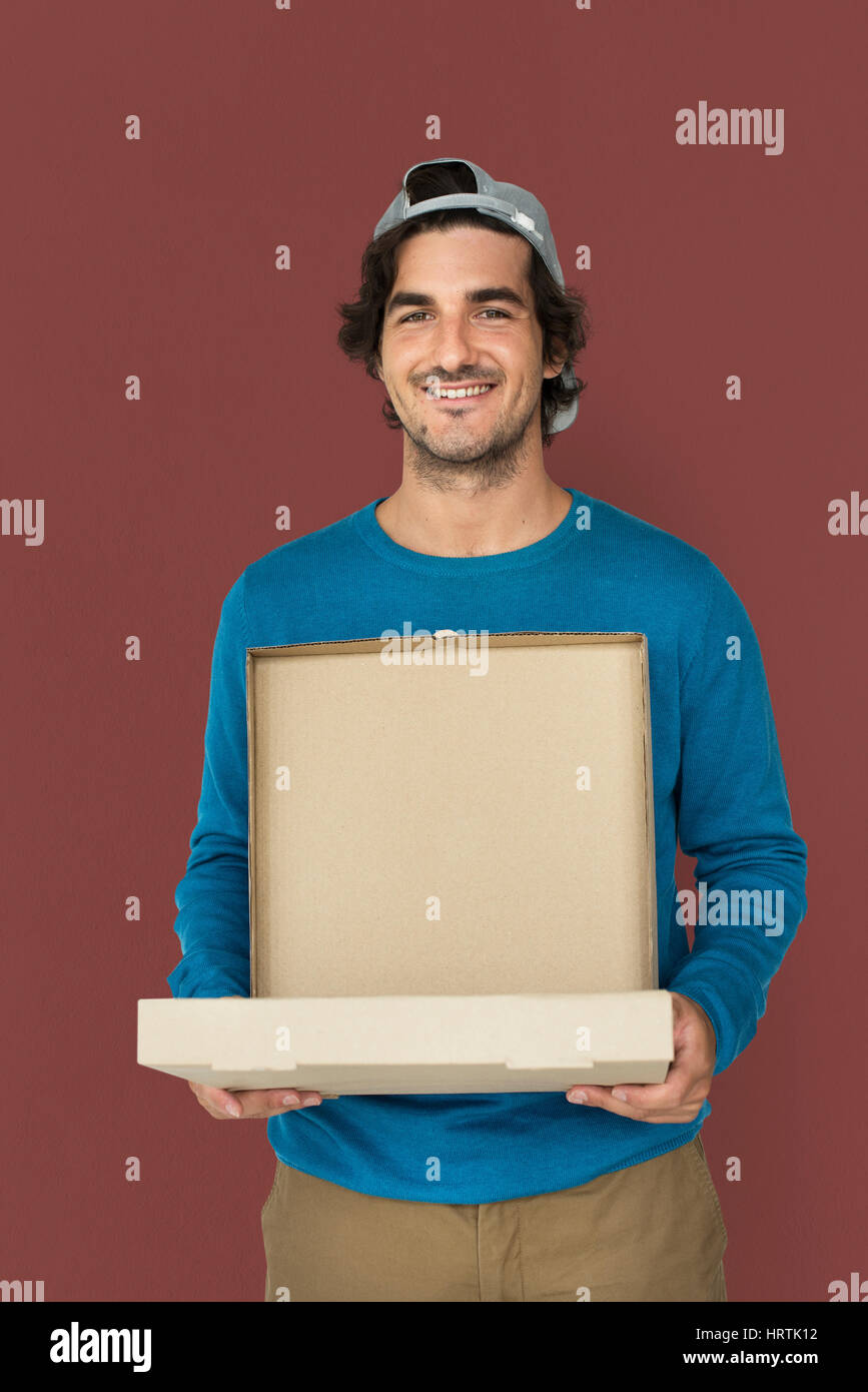 Pizza Boy Food Delivery Service Box Package Stock Photo - Alamy