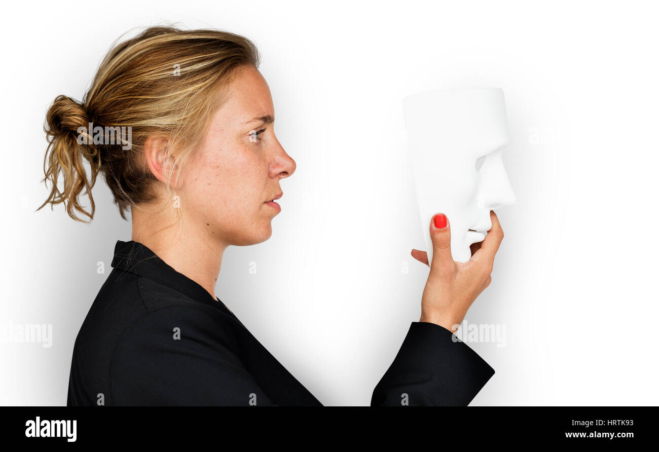 Caucasian woman Frowning Mask Concept Stock Photo - Alamy