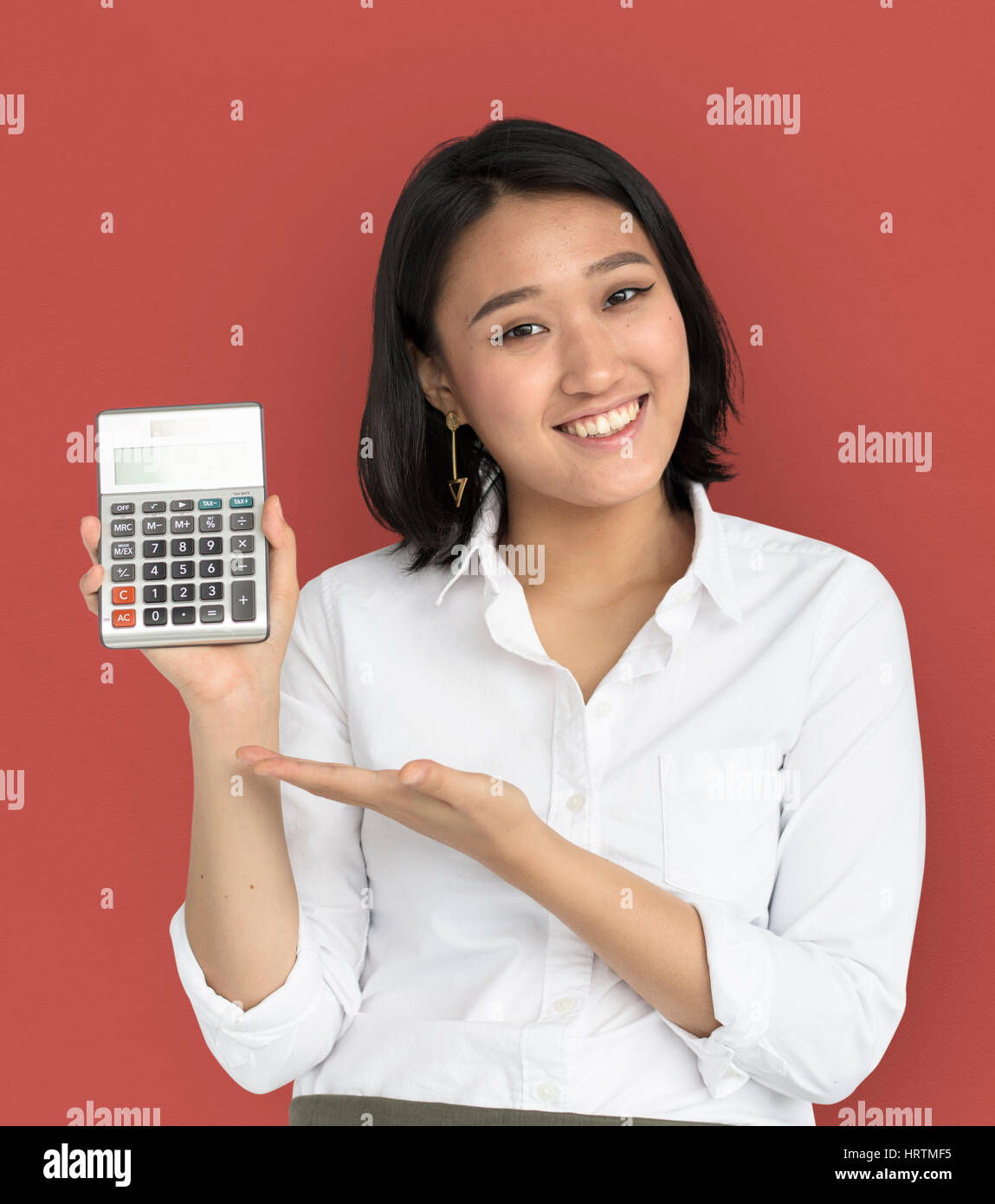 Asian Woman Showing Hand Gesture Calculator Stock Photo - Alamy