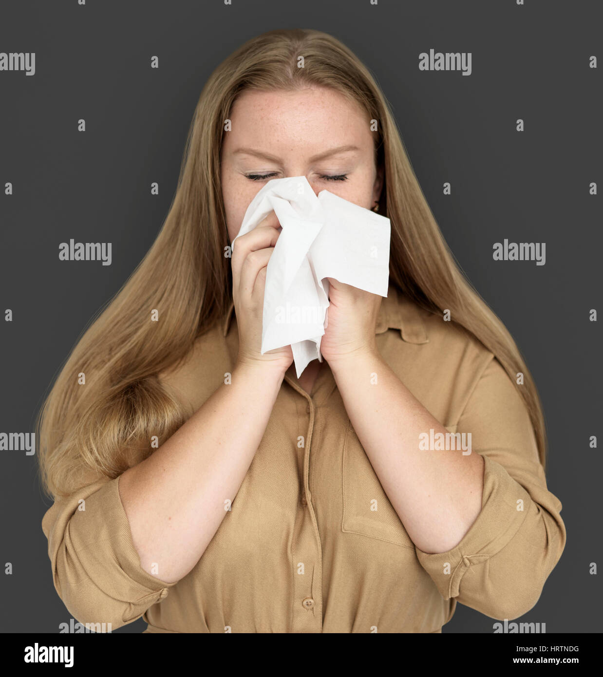 Caucasian Woman Sneezing Crying Tissue Stock Photo - Alamy