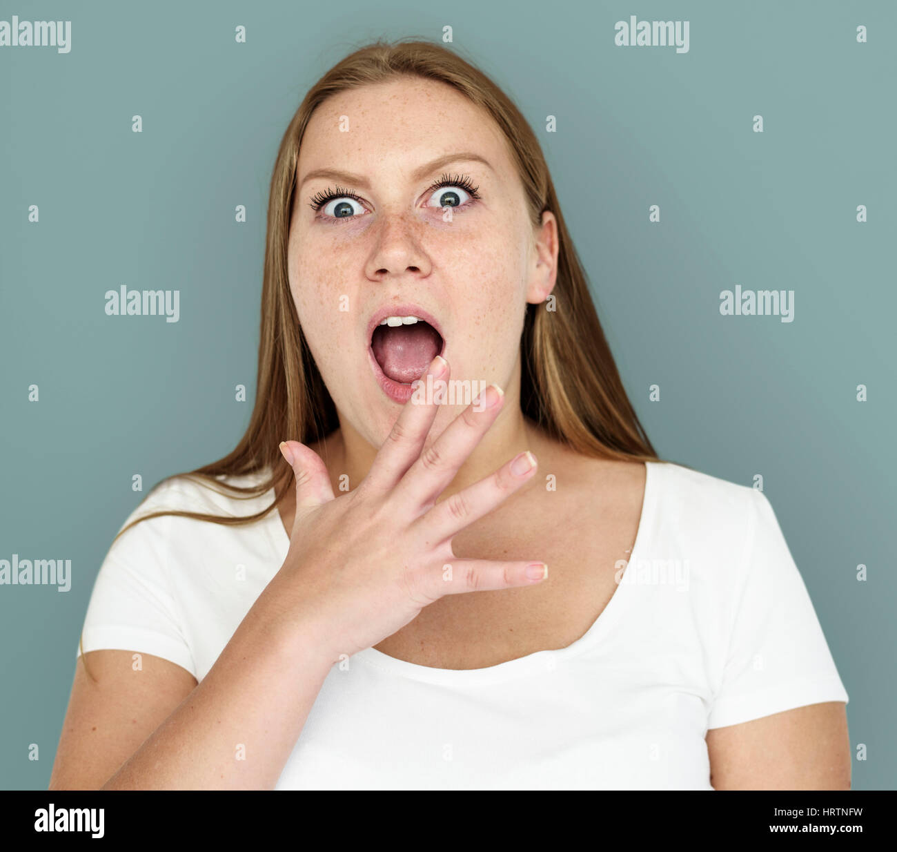 Caucasian Girl Shocked Hand Gesture Stock Photo - Alamy
