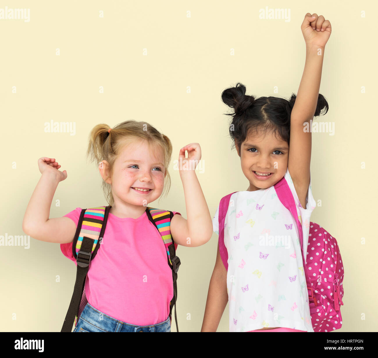 Little Girls Hands Up Cheerful Happy Stock Photo - Alamy