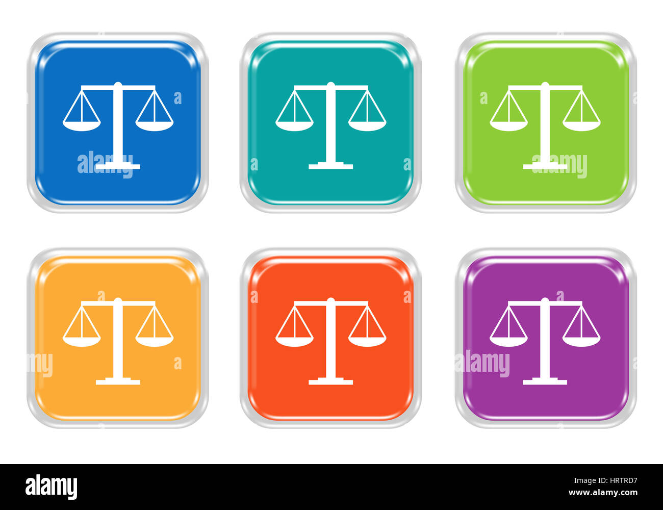 Set of squared colorful buttons with legal symbol in blue, green ...