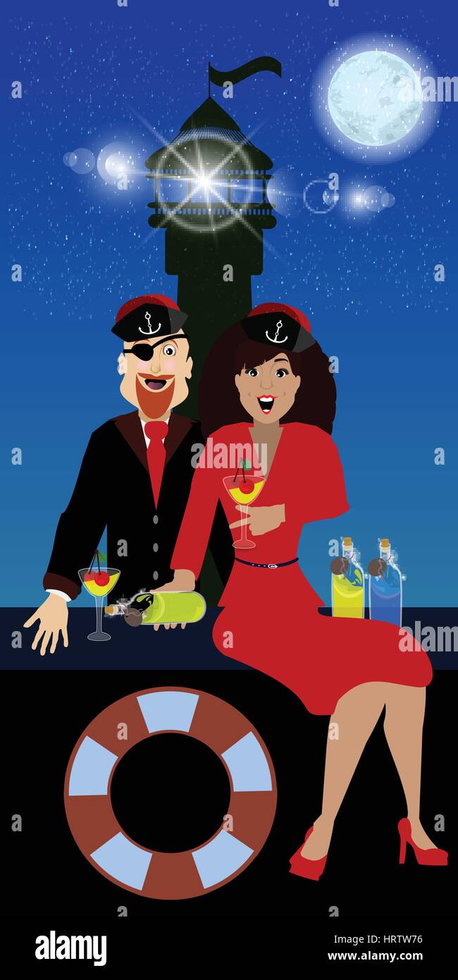 Captain girl and drink on the background of a lighthouse. concept of ...