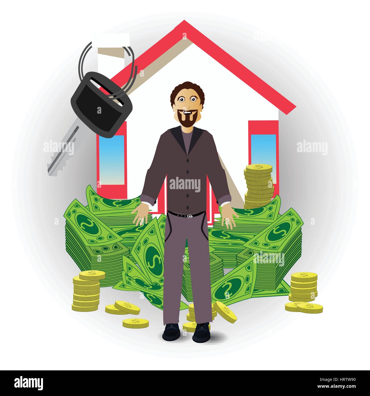a man with a house and a pack of money on white background. concept of ...