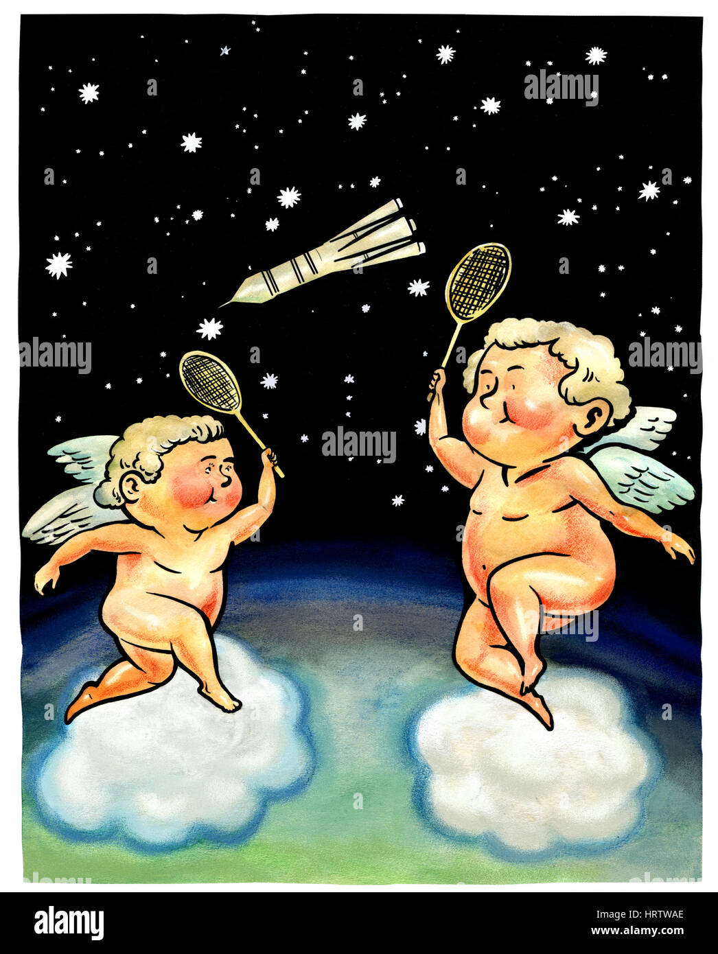 two little angels plays tennis by rocket in space Stock Photo - Alamy