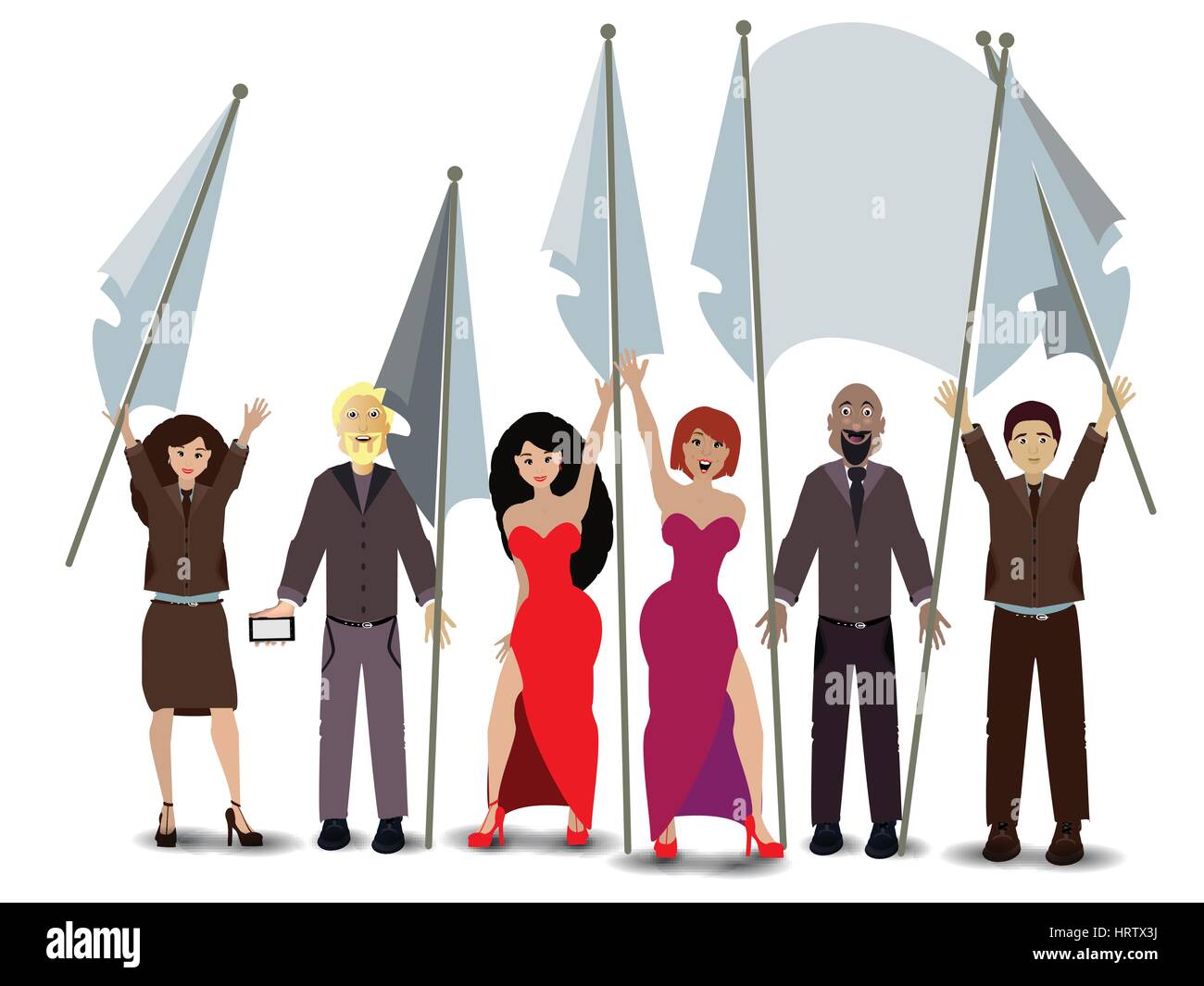 rally. people with flags. illustration. use a smart phone, website ...