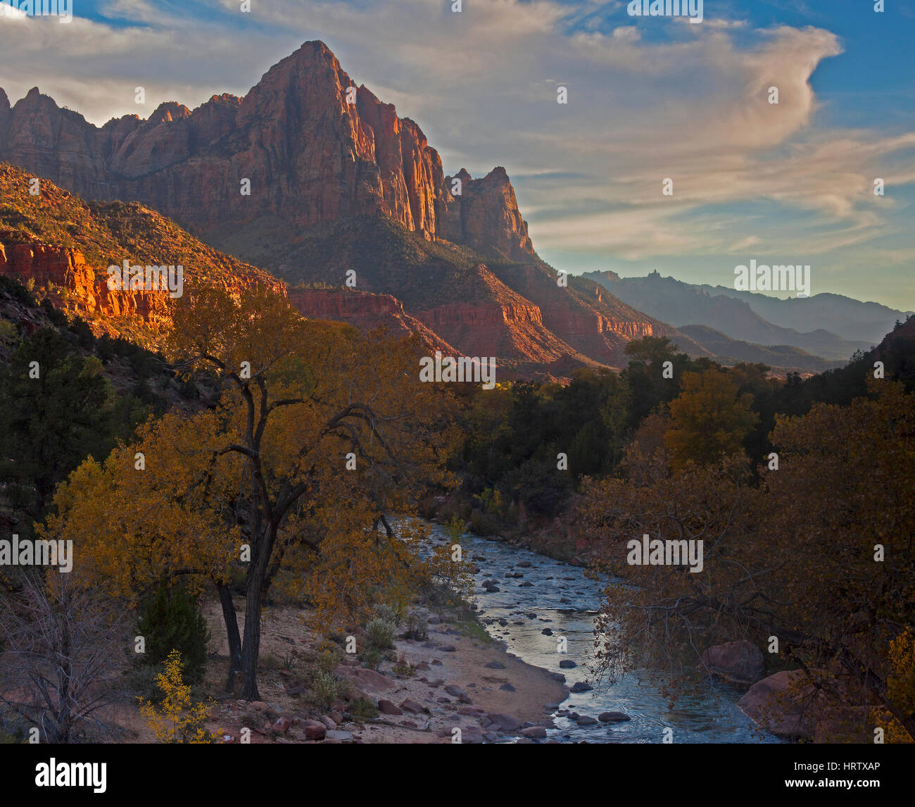 The Watchman and Virgin River in the fall, Zion national park, Utah ...