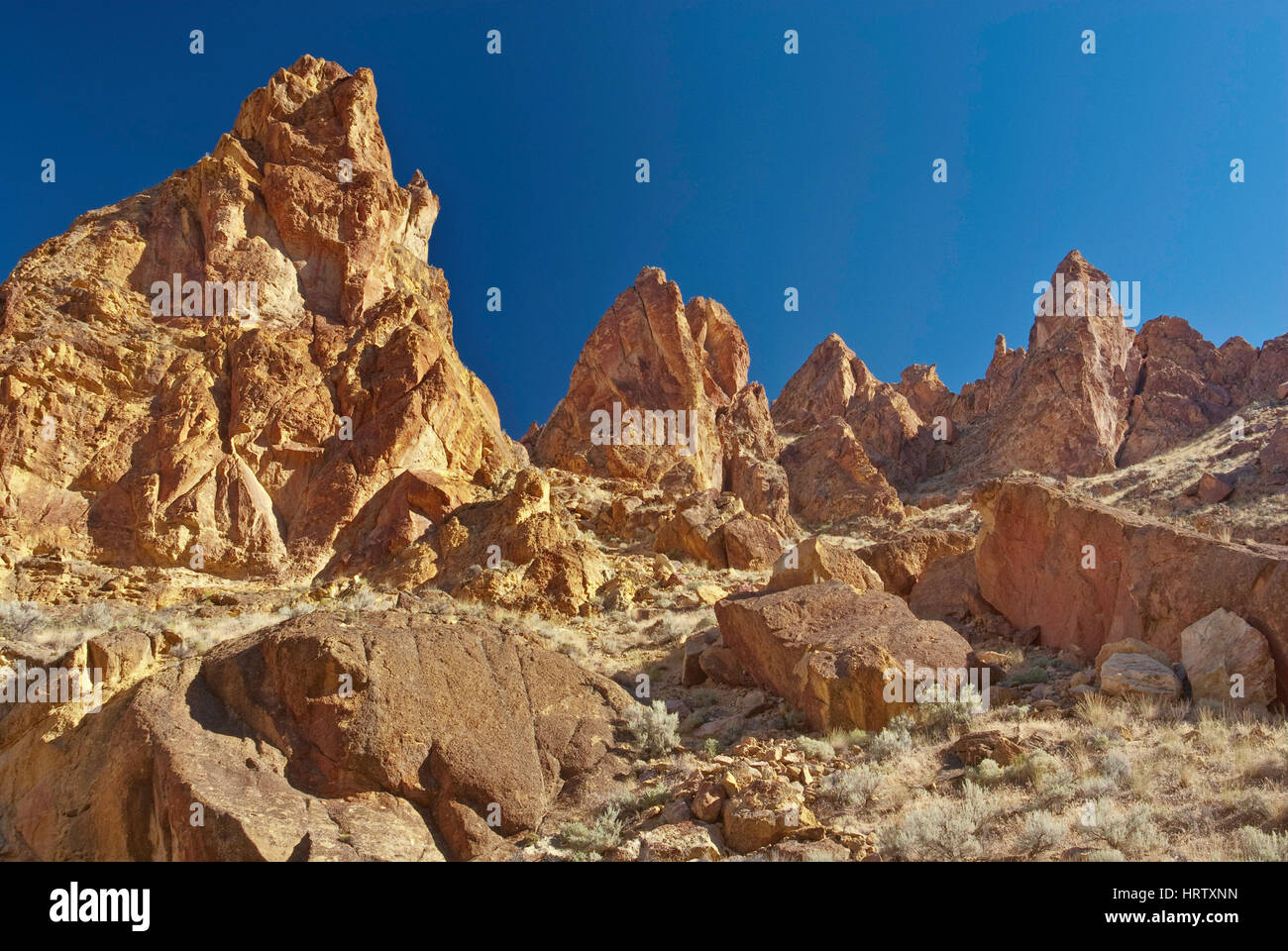 Volcanic rhyolite rock formations in Leslie Gulch near Owyhee Lake ...