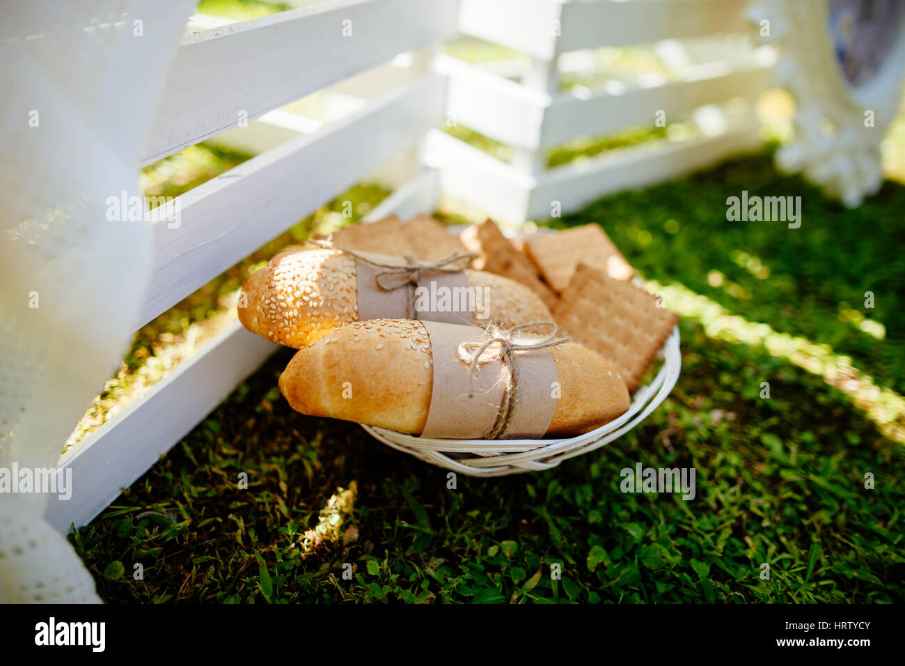 bakery and cookies on the plate with green grass background in country ...