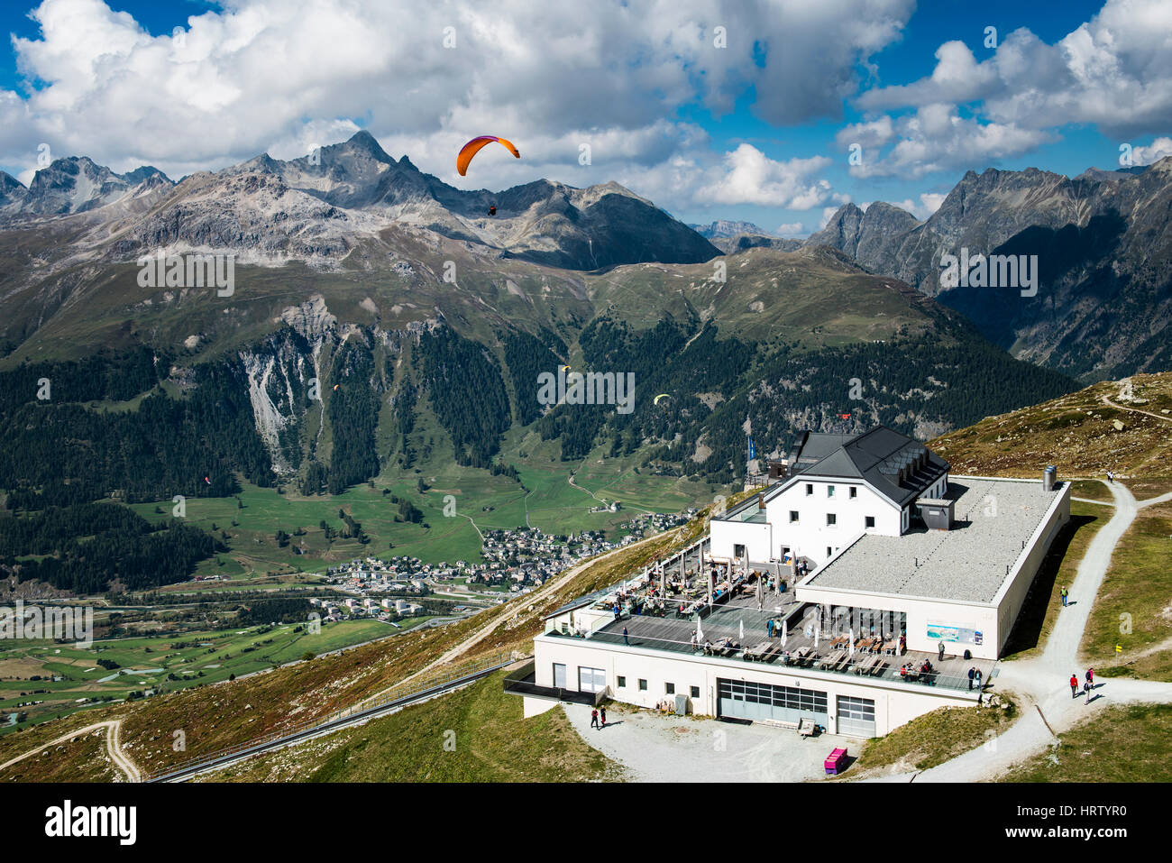 Muottas Muragl, mountain station of the funicular with panoramic ...