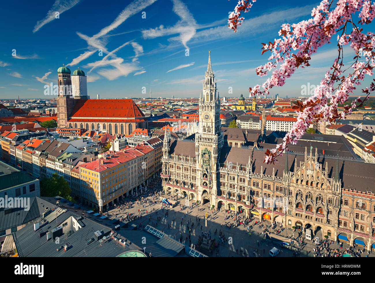 Aerial view of Munchen at spring: Marienplatz, New Town Hall and ...