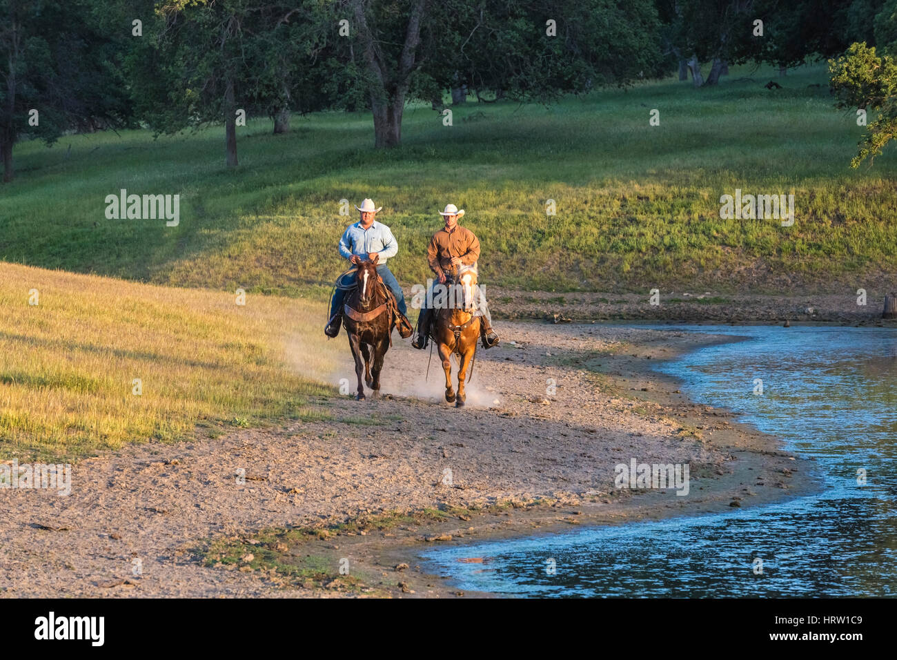 two cowboys on horseback riding along pond on ranch Stock Photo - Alamy
