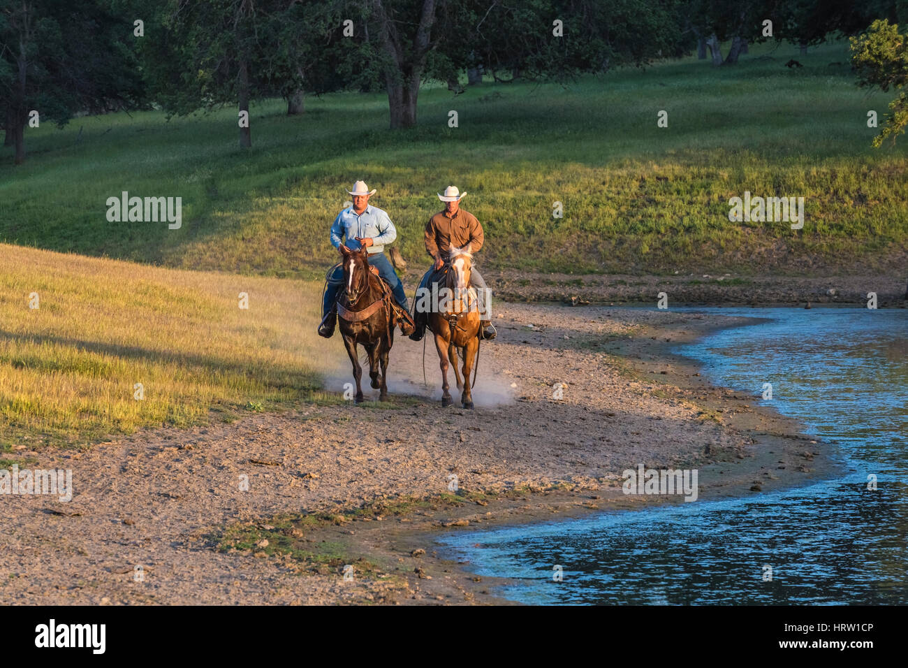 two cowboys on horseback riding along pond on ranch Stock Photo - Alamy