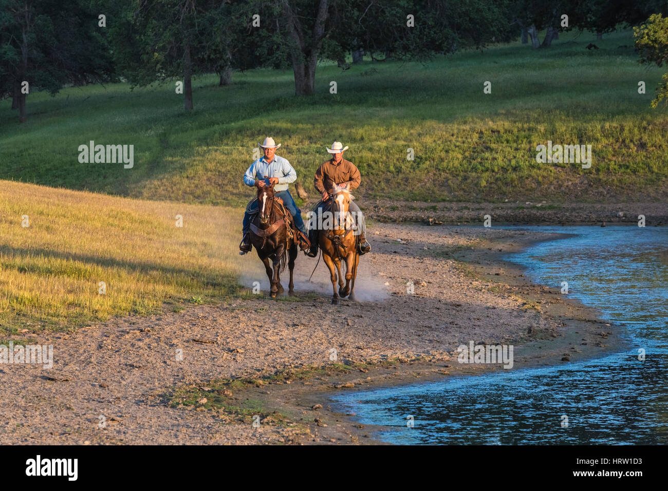two cowboys on horseback riding along pond on ranch Stock Photo - Alamy