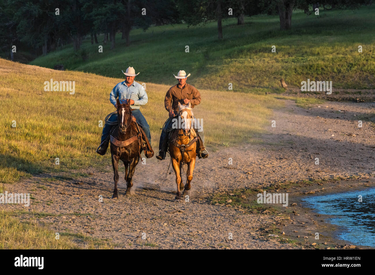 two cowboys on horseback riding along pond on ranch Stock Photo - Alamy