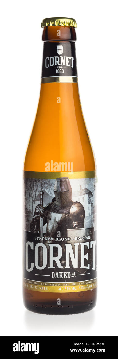 Bottle of Cornet Oaked blond beer isolated on a white background Stock ...