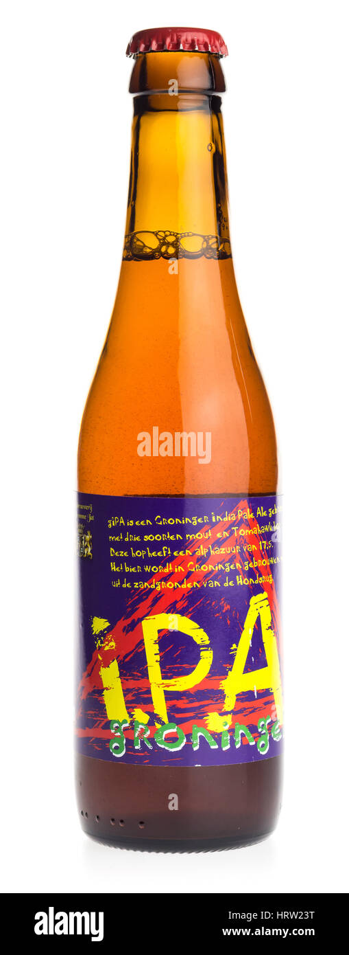 Bottle of IPA Groningen craft beer from the Netherlands, isolated on a ...