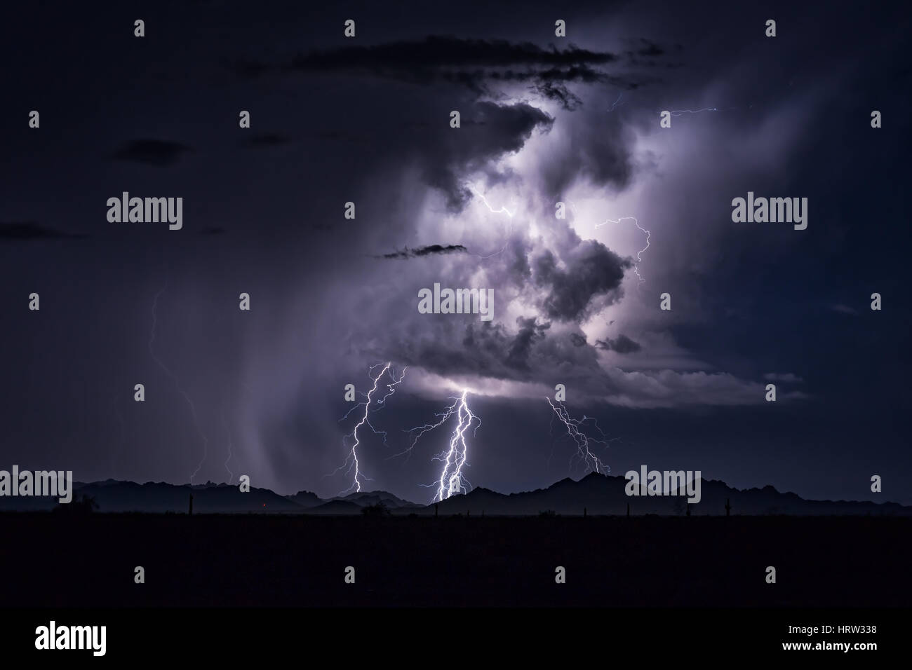 Lightning bolts striking from a storm in the desert near Quartzite ...
